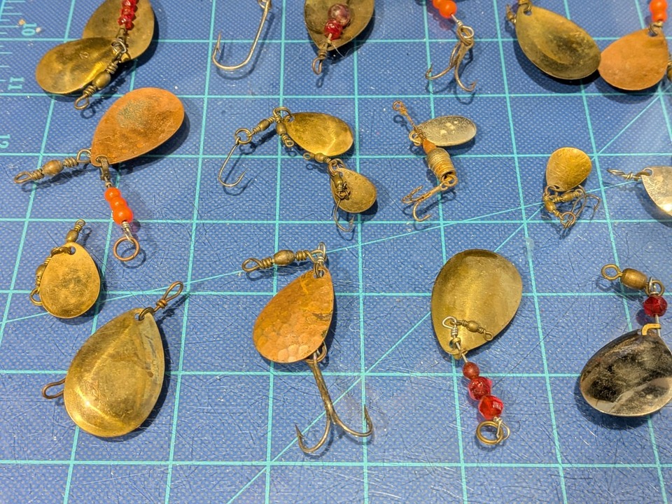 Vintage Fishing Spinner Spoon Lures Mixed Lot Brass Blades Treble Hooks ...