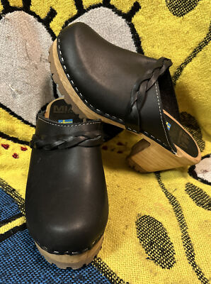 MIA Elsa Luggage Leather Black Wooden Heeled Clogs Made In Sweden Sz EU ...
