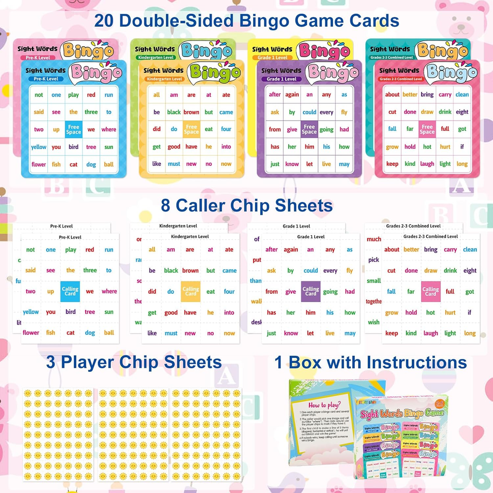 Sight Word Bingo Game Kids Adults Dolch'S & Fry'S Words Lists Bingo ...