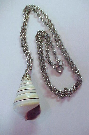 Vtg Candy Striped Banded Snail Cone Shell Pendant Chain Necklace BOHO ...