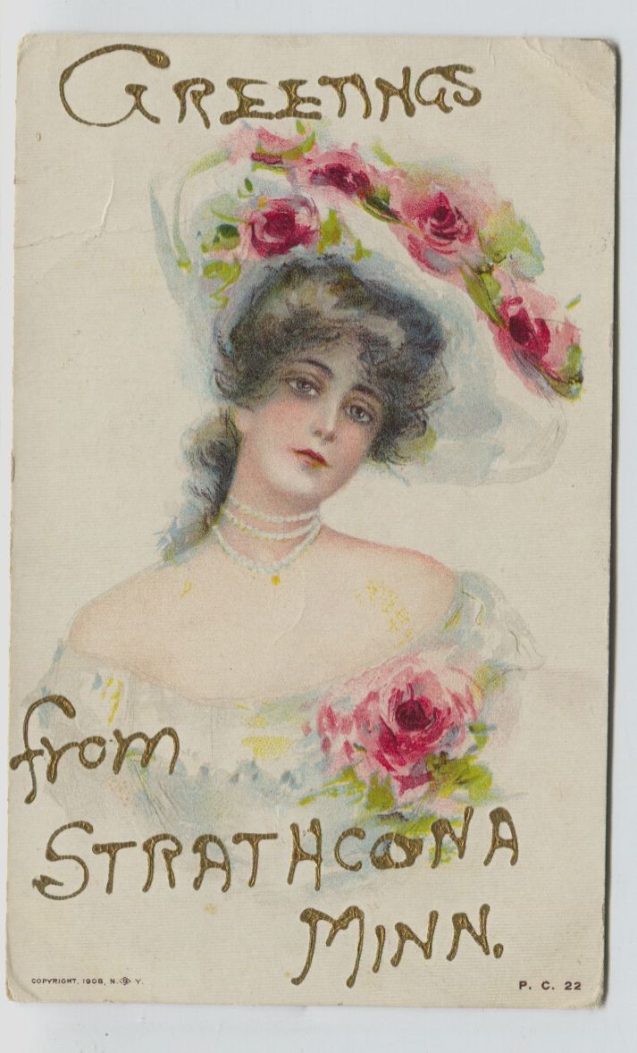 1909 Strathcona Minnesota Pretty Lady in hat Postcard Postal cancel ...