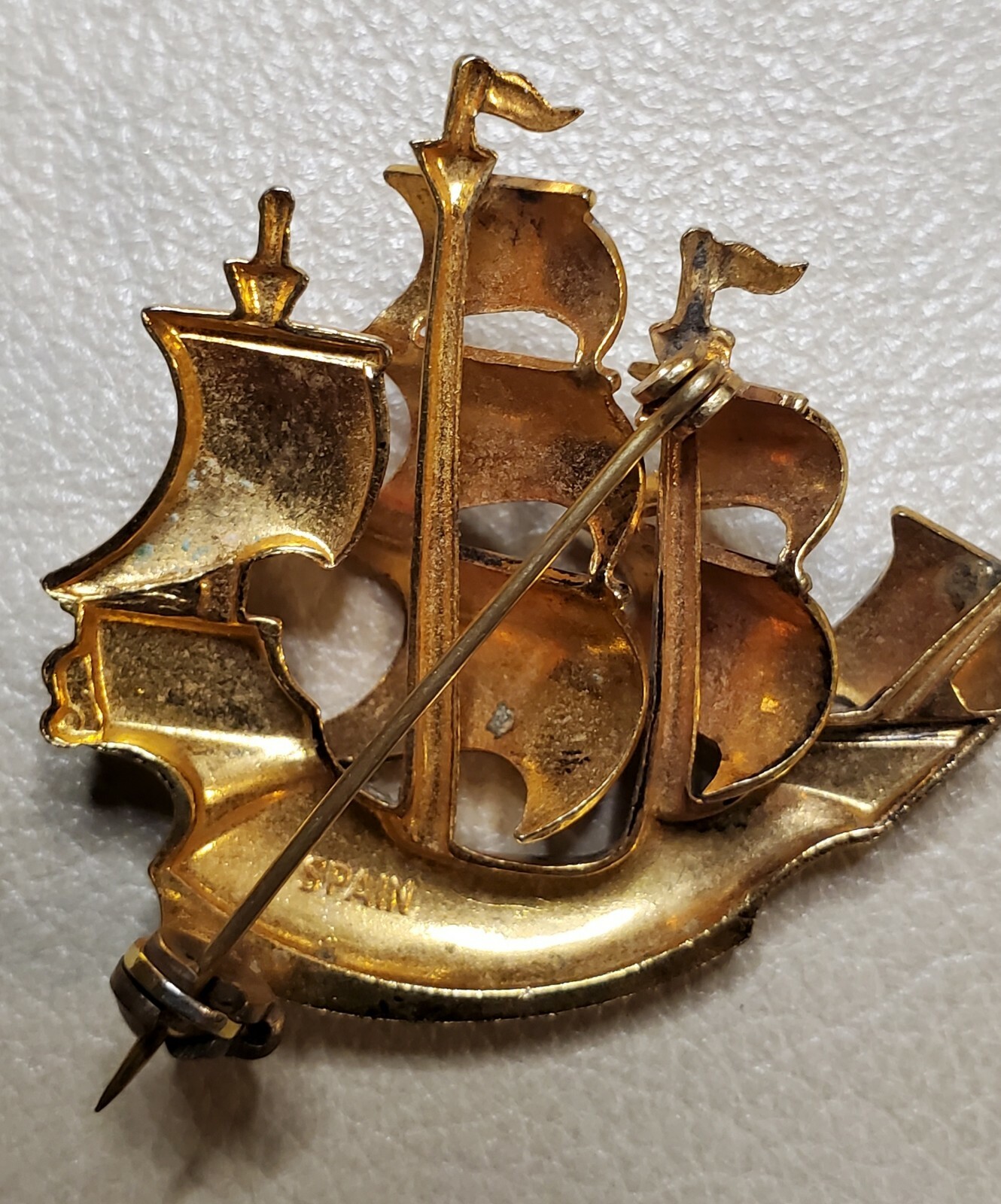 Vintage Damascene Gold And Red Pirate Ship Pin Stampe… - Gem