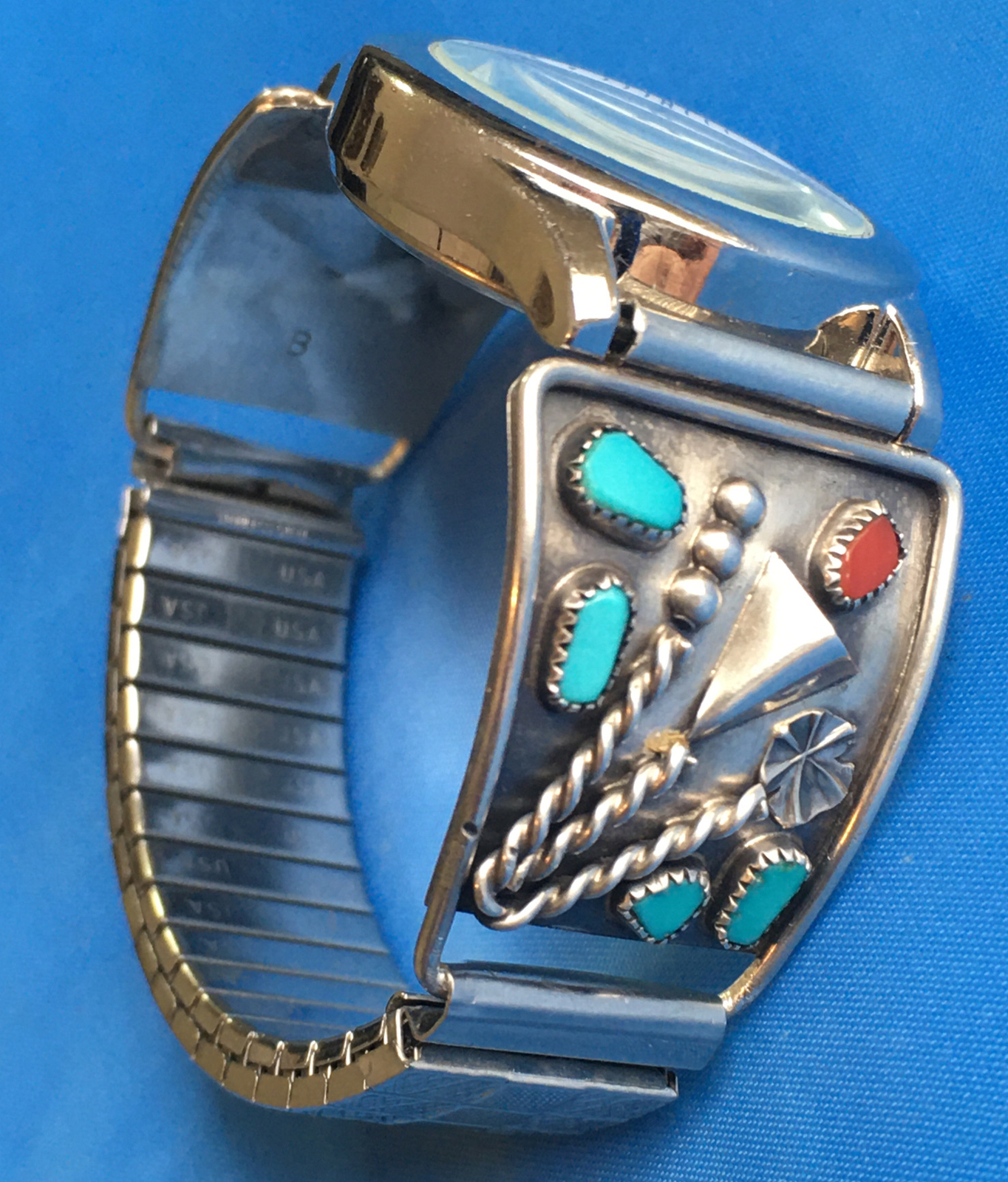 Native American Navajo Womens Sterling Wristwatch Tips Blue Turquoise ...