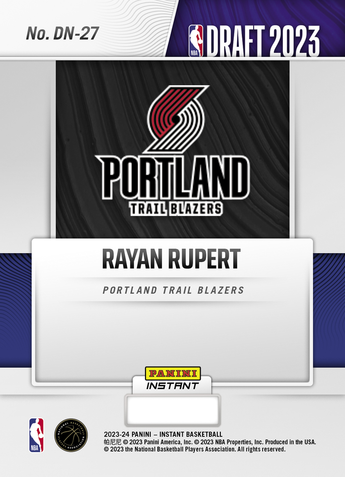 2023-24 NBA PANINI DRAFT NIGHT RAYAN RUPERT #27 RC 1/?? TRAIL BLAZERS ...