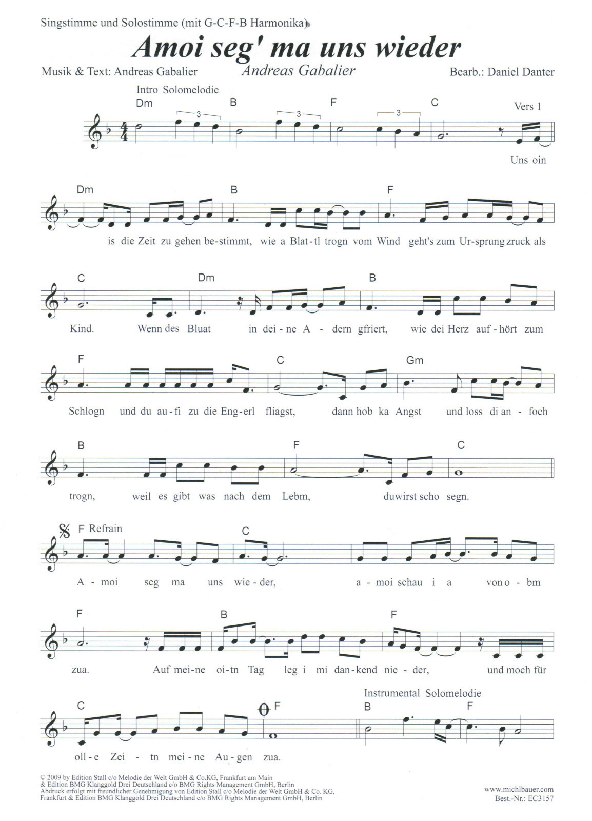 Steirische Harmonika (Gesang) Noten : GABALIER Amoi seg ma uns wieder ...