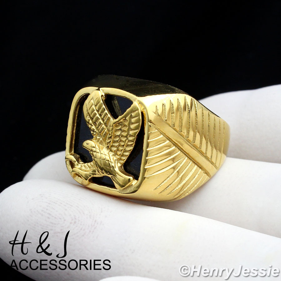 MEN 316L Stainless Steel Gold Plated Black Onyx EAGLE Ring Size 8-13 ...