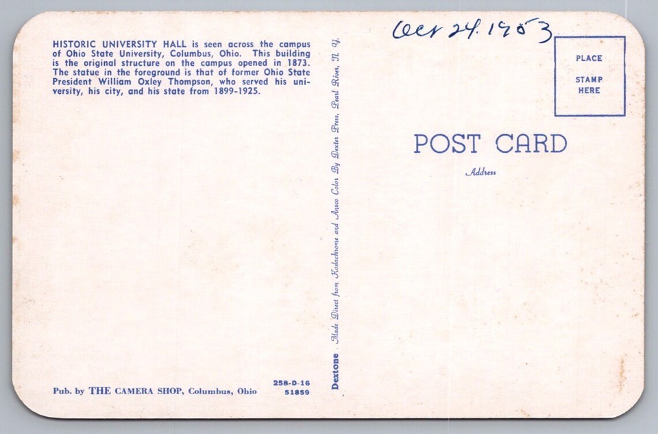Postcard Columbus Ohio State University Hall William Oxley Thompson ...