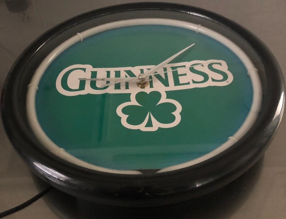 Vintage Guinness Neon 12" Wall Clock White Neon Green clover,, tested ...