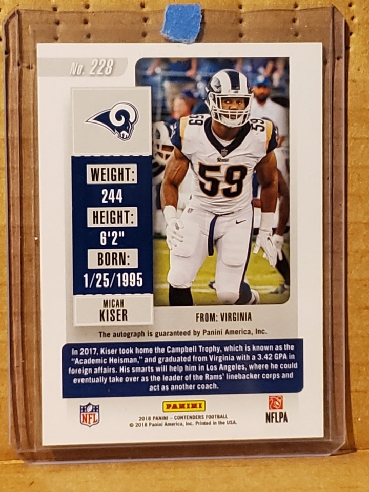 Micah Kiser 2018 Contenders Rookie Ticket Autograph Los Angeles Rams LB ...