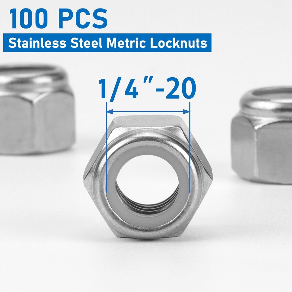 100 Pack 1/4"-20 Stainless Steel Nylon Insert Lock Nuts - Standard ...
