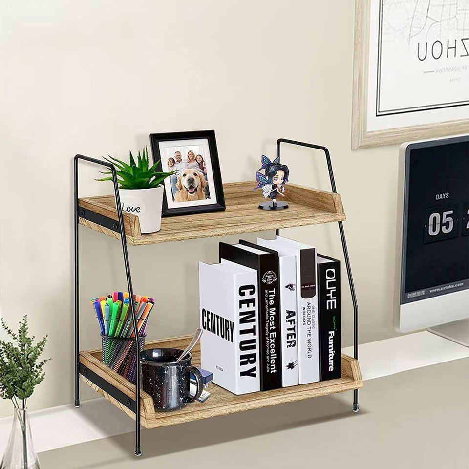Wooden 2-Tier Desk Organizer, Double-Layer Desktop Storage Shelf Home ...