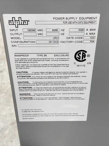 Alpha Power Supply Equipment Ground Enclosure Rainproof UPE-3G-1111-1N0 ...