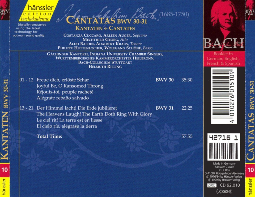 HELMUTH RILLING BACH: CANTATAS, BWV 30-31 NEW CD | eBay