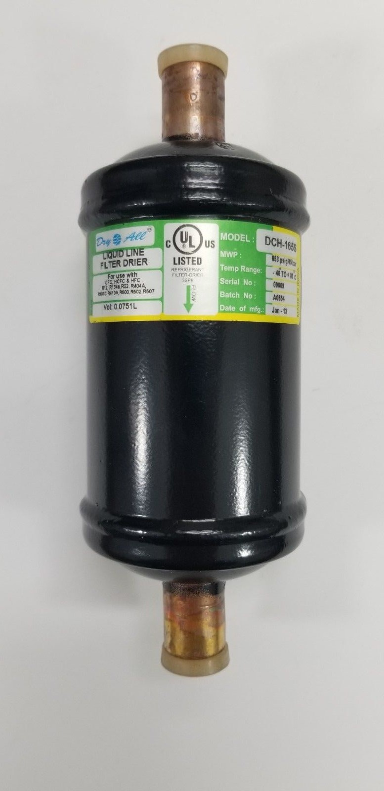 Refrigerant Filter Drier DCH-165S/5/8"ODF/1.5LBS/2.5"Diam/7"L/653 PSIG ...