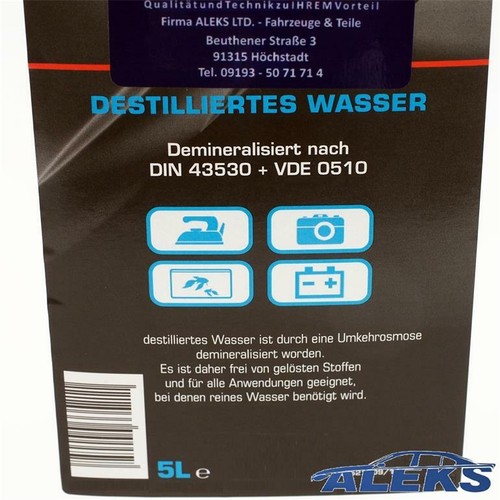 5 Liter destilliertes reines demineralisiertes Wasser DIN 43530 +VDE ...