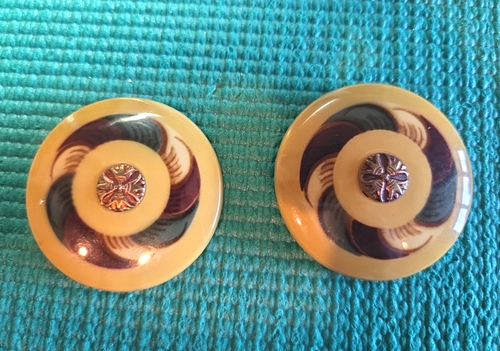 Set of 2 Vtg 2" Shank Buttons Metal Center Mustard Yellow Green Brown ...