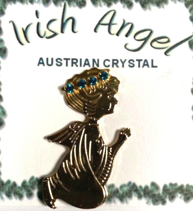 Irish Guardian Angel Brooch Pin 4 Green Crystal Stones Gold Plate USA ...