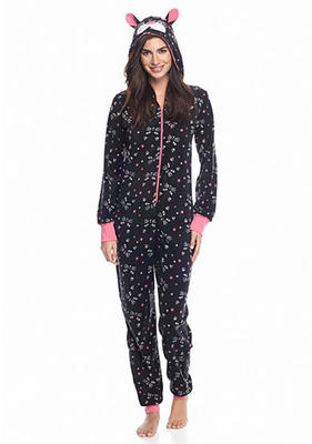 NEW Womens Fleece Cat Critter Zip Front One-Piece Pajamas Union Suit S ...