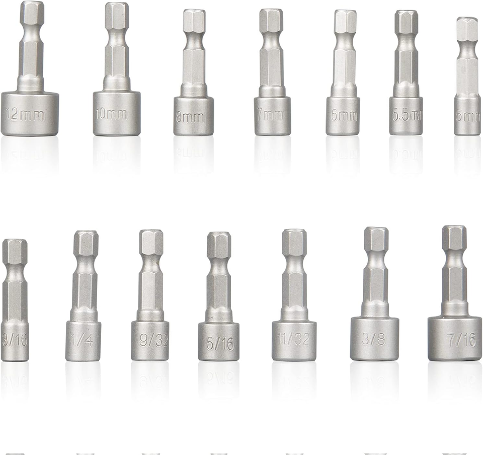 14 PCS Power Nut Driver Bit Set Quick Change MM & SAE Impact 1/4" Hex ...