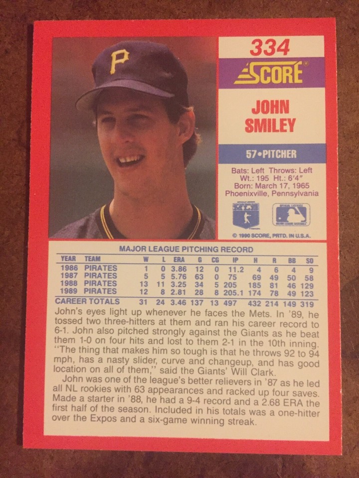 John Smiley 334 Score 1990 MLB Baseball Trading Card | eBay