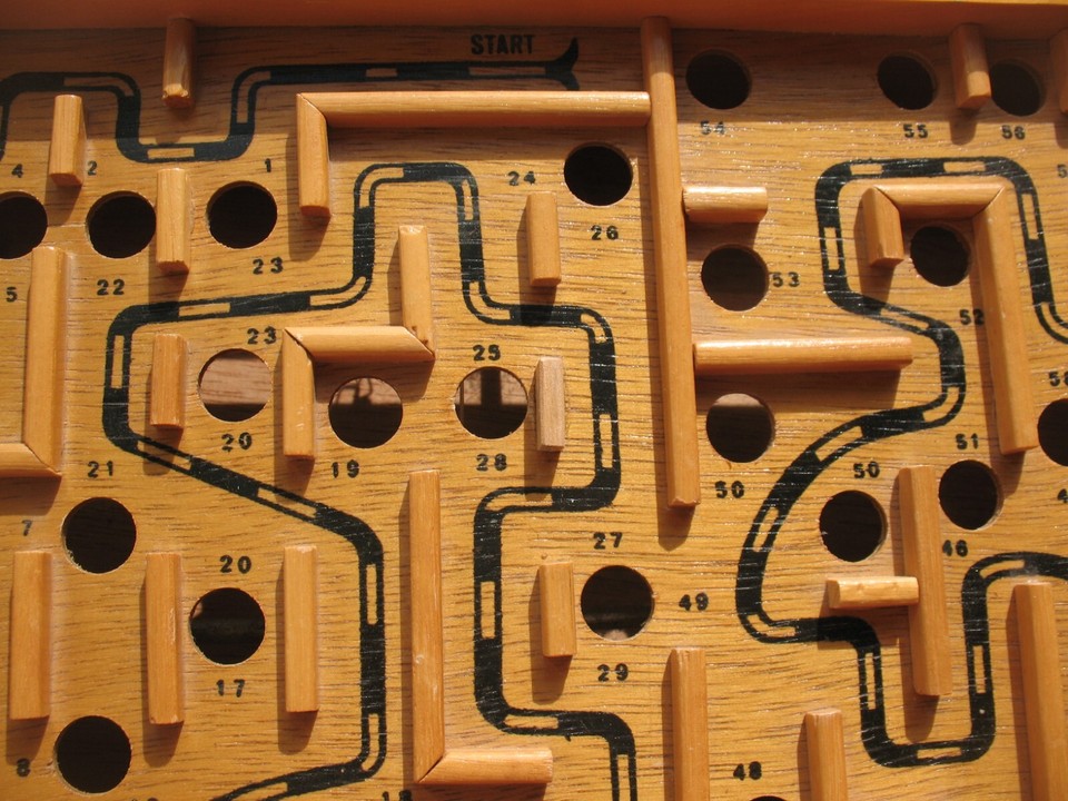 Vtg Labyrinth Board Game Wooden Ball Maze 59 Holes Dual Tilt Steel Ball ...