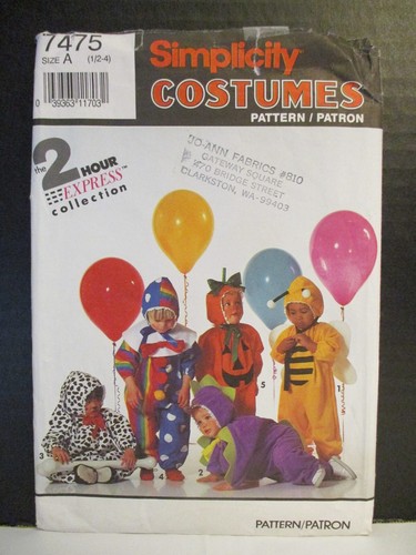 Simplicity Pattern 7475 Child's Costumes Size 1/2 & 1 Bee Clown Pumpkin Dog Cut | eBay