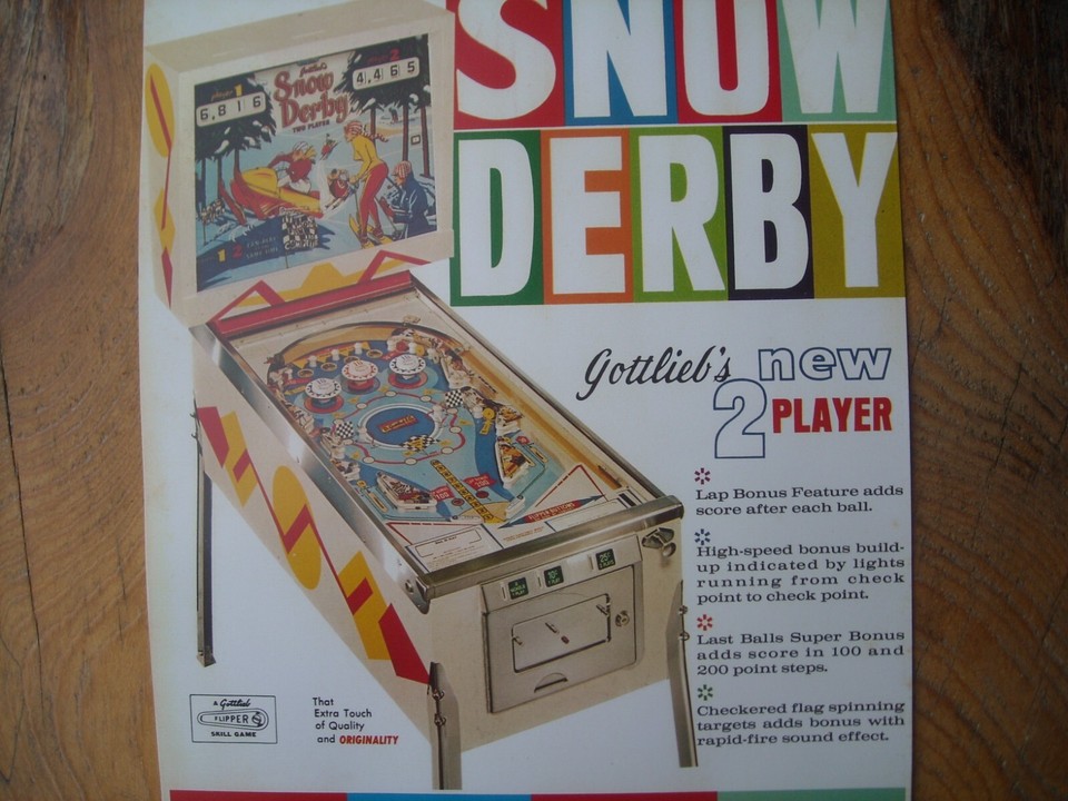1969 Vintage Snowmobile SNOW DERBY PINBALL MACHINE Brochure | eBay