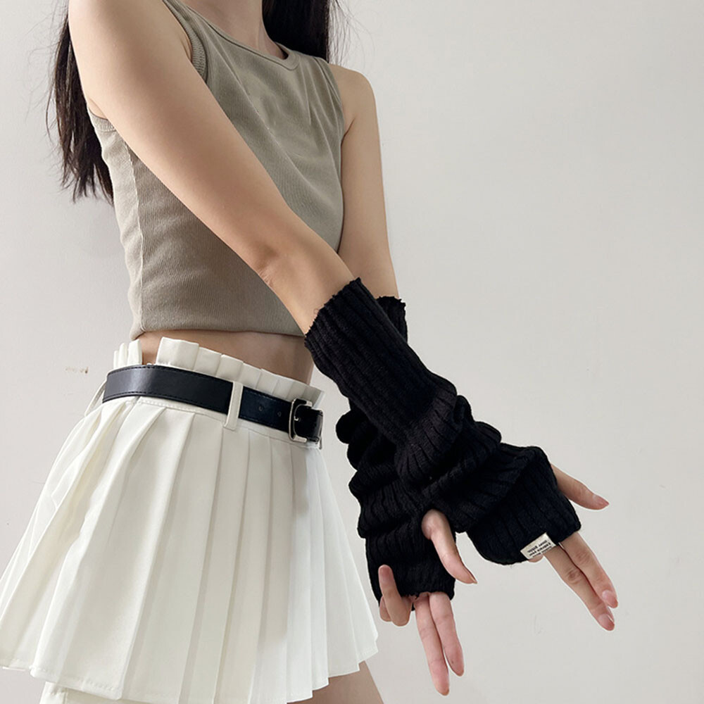 Women Winter Protection Arm Warmer Long Fingerless Stretchy Gloves ...