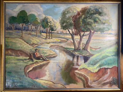 M Hall 1951 "Boy Napping By Stream Scene" Oil Painting - Signed/Framed ...