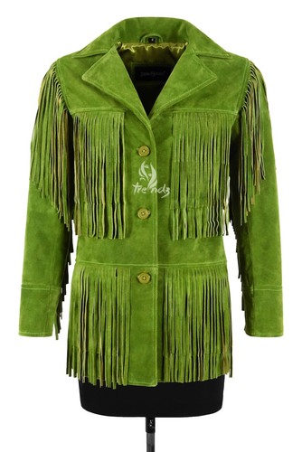 Women Western Fringes Leather Jacket Lime Green Classic Style Real ...