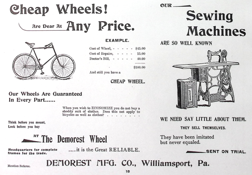 1896 Demorest Mfg Co WILLAMSPORT PA Sewing Machines Bicycle Wheels ...