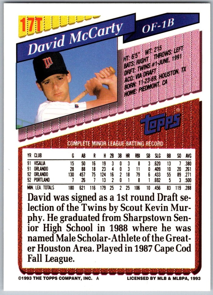 1993 Topps Traded #17T David McCarty Minnesota Twins | eBay