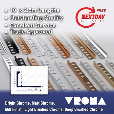 10x TILE TRIM - STRAIGHT EDGE L-SHAPE - 2.5M ALUMINIUM Bright Chrome ...