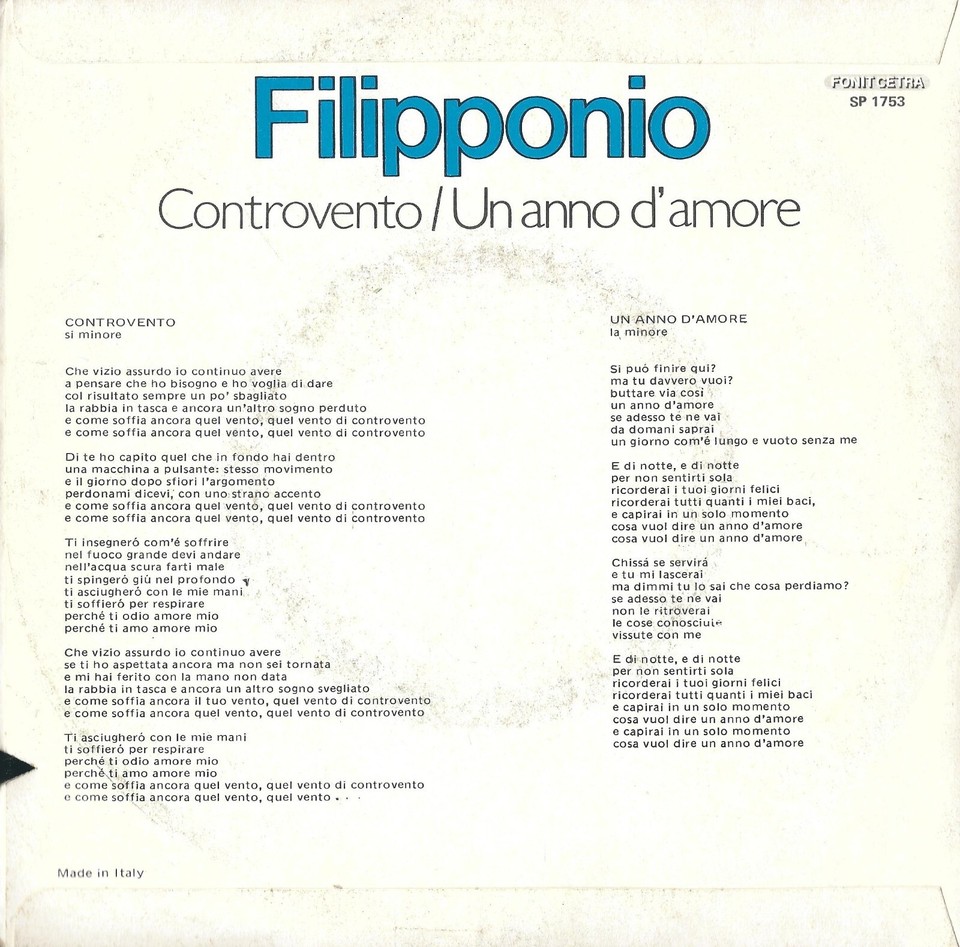 45 RPM Record Filippinio – Controvento / A Year Of Love | eBay