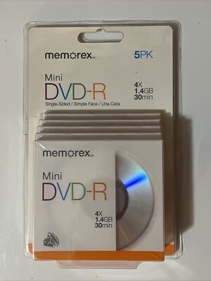memorex ~5 Pack Mini DVD-R~ Single Sided w/ Cases~4X ~1.4GB~30min ...