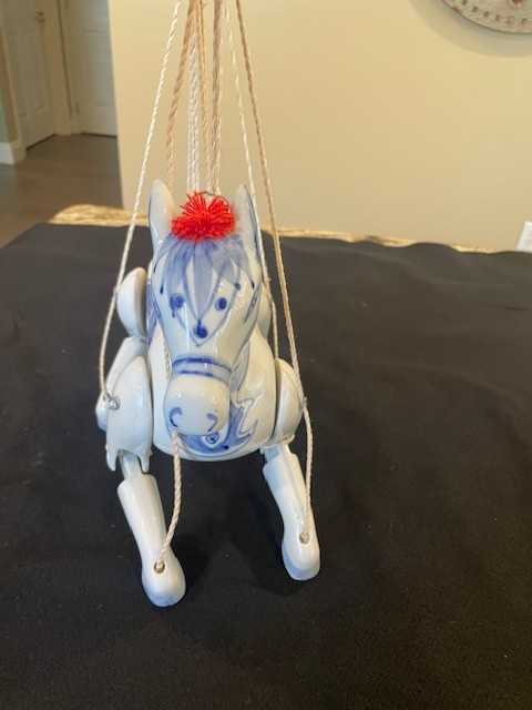 Vintage ceramic Chinese Marionette Horse puppet Blue & white 12" X12 ...