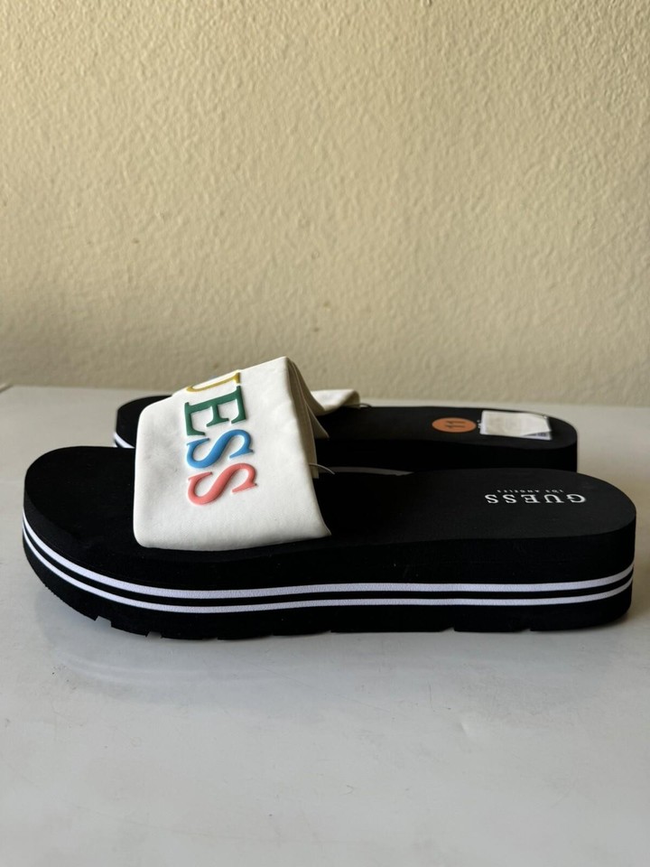 Guess Los Angeles Women Slip On Slides Sandals White/Black Medium Wedge ...