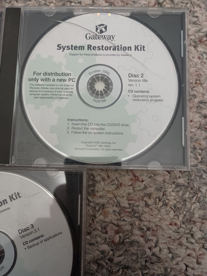 Vtg 2000 Gateway Computer System Restoration 3 Disc CD-ROM Install ...