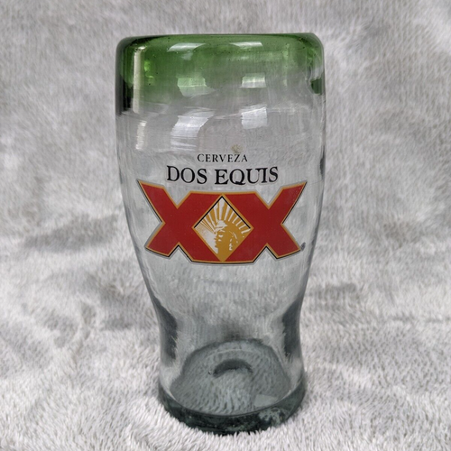 Dos Equis XX Cerveza Beer Pint Glass Hand Blown Green Rim Thick Made In ...