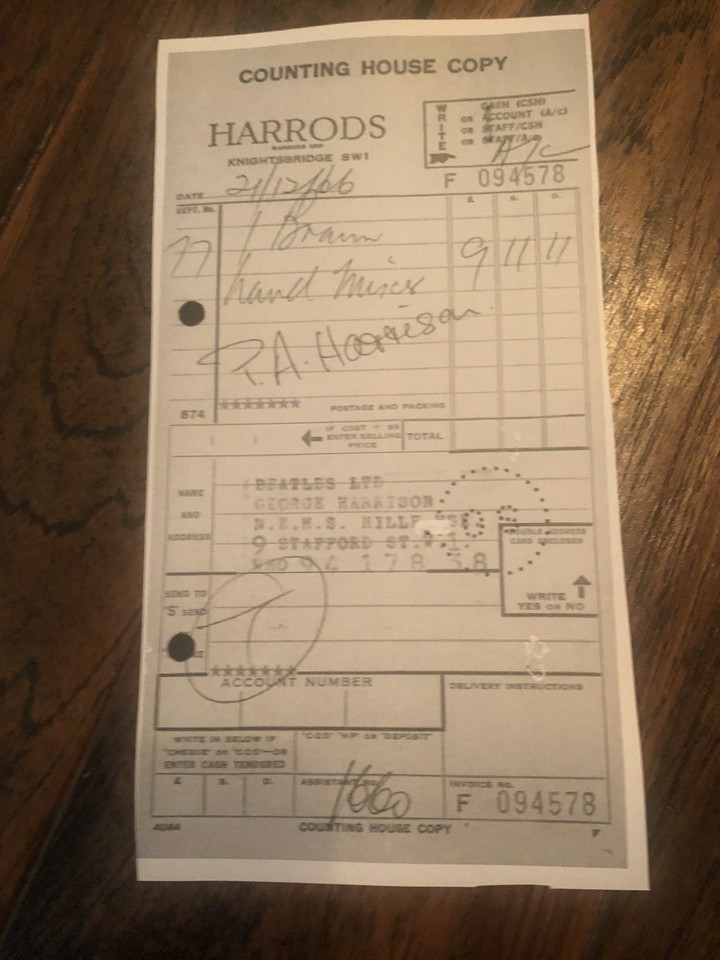 Patti Harrison (Boyd) signed Harrods Receipt. Receipt is billed to ...