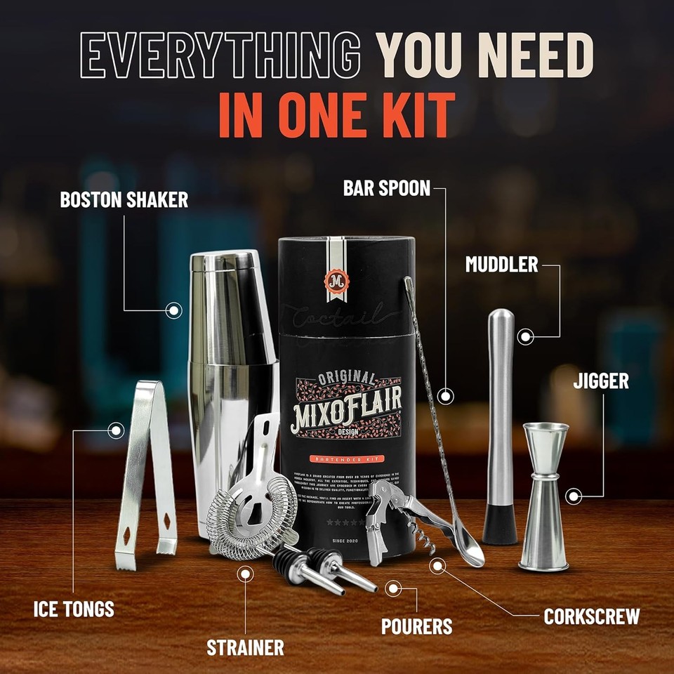 Mixology Bartender Kit W/ Boston Cocktail Shaker 9pc Stainless Steel ...
