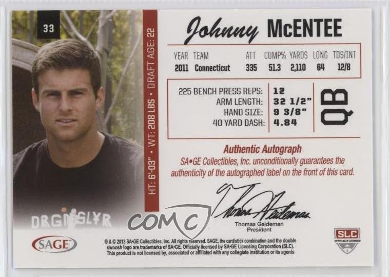 2013 SAGE Auto Green /50 Johnny McEntee #33 Auto | eBay