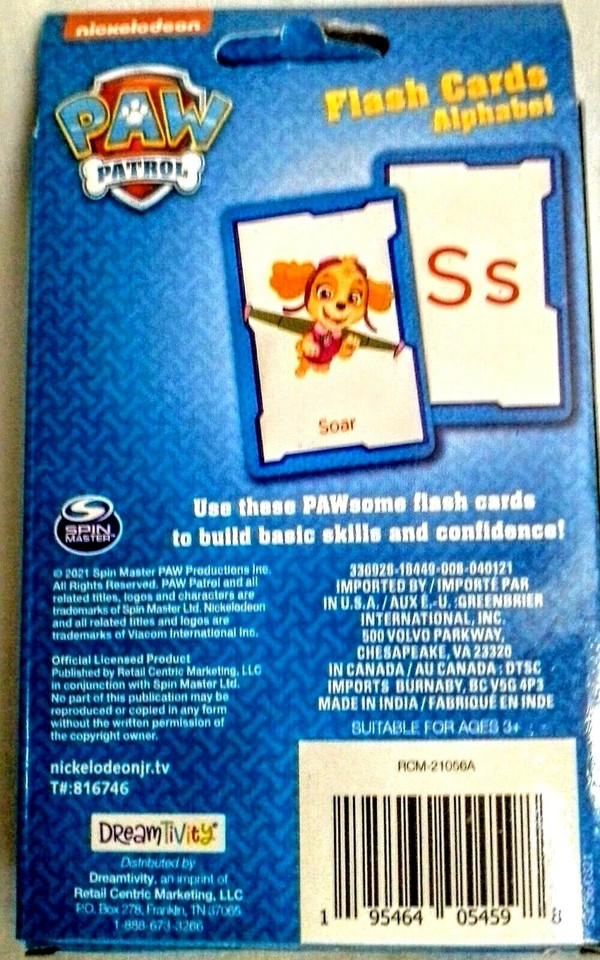 Nickelodeon Paw Patrol Alphabet & Same or Different Flash Cards CHOICE ...