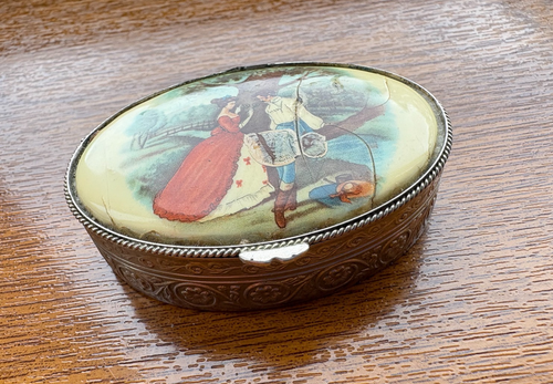 Vintage Fragonard Style Pill Box Enamel Lid Rococo Courting Scene Metal ...