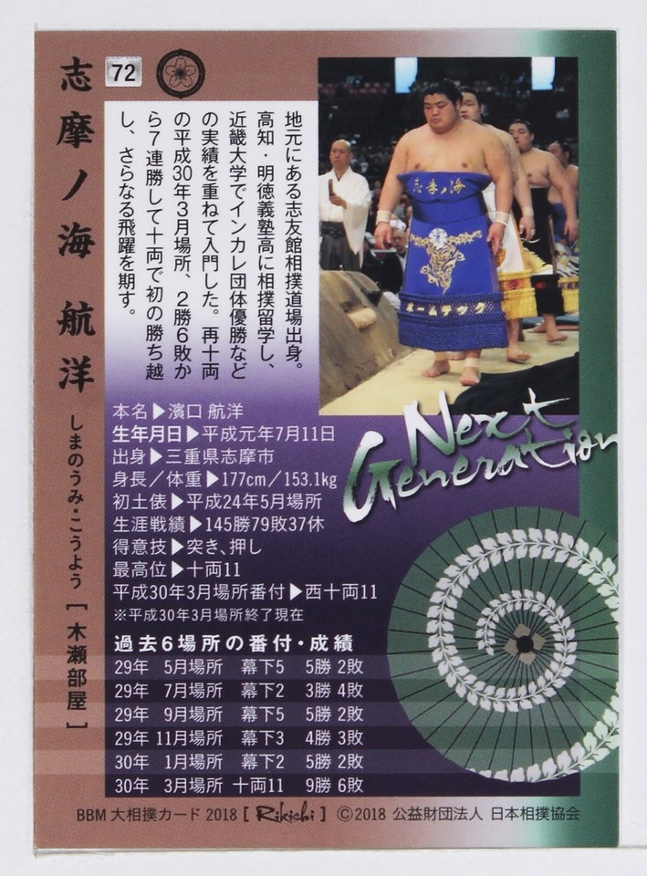 SHIMANOUMI KOYO "New Generation"-2018 BBM Sumo Wrestling Trading Card ...