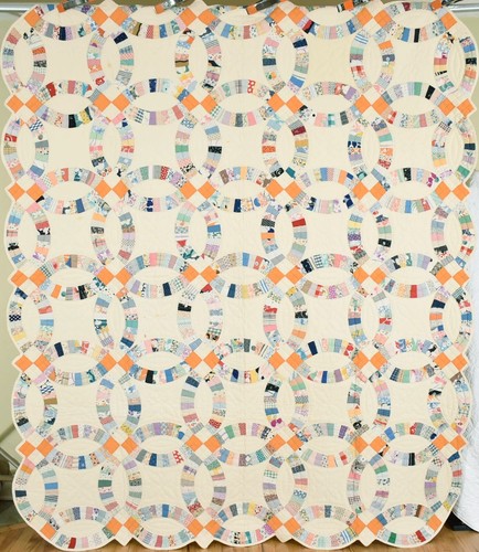 Beautiful Vintage 30's Double Wedding Ring Antique Quilt, Solid Orange ...