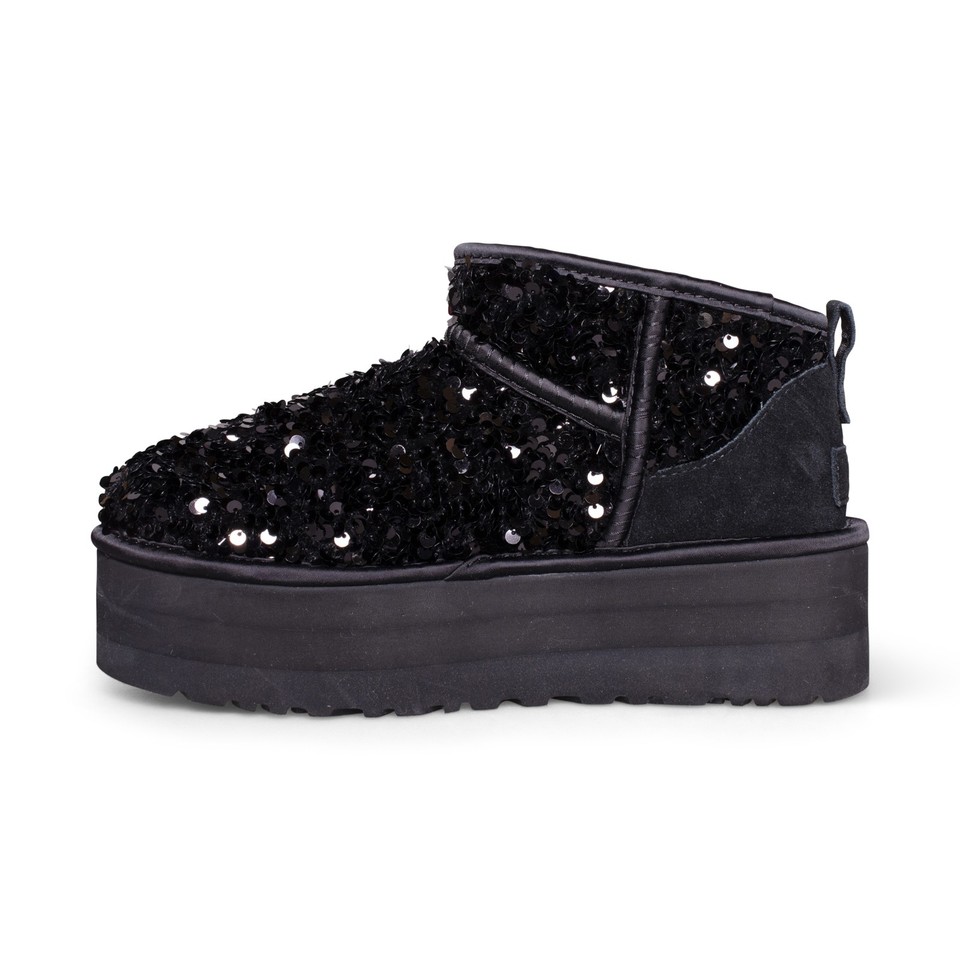UGG ULTRA MINI CHUNKY SEQUIN BLACK SUEDE PLATFORM WOMEN'S BOOTS SIZE US ...