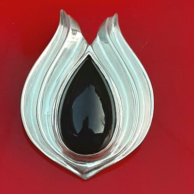 Vintage Krypell 925 Sterling Silver Ribbed w/ Black Onyx Modern Brooch ...