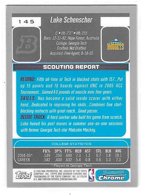 2005-06 BOWMAN DP&P CHROME LUKE SCHENSCHER RC #145 DENVER NUGGETS | eBay
