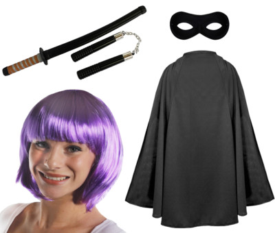 KICK GIRL PURPLE WIG MASK CAPE SET SUPER HERO FANCY DRESS TV FILM RETRO ...